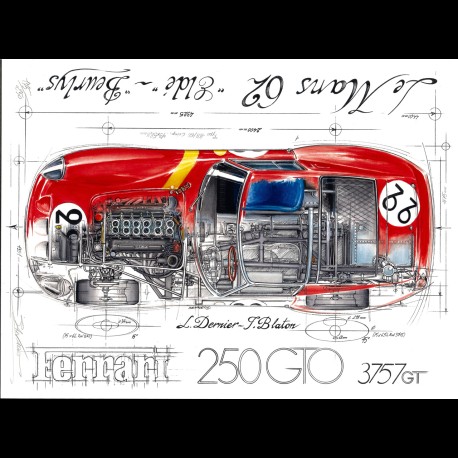 Ferrari 250 GTO 24h Le Mans 1962 n° 22 original drawing by Sébastien ...