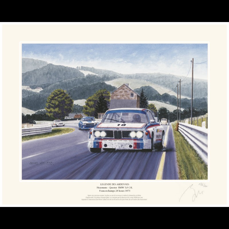 Poster BMW 3.0 CSL n° 10 24h Spa 1973 " Legende des Ardennes " von Benoît Deliège - Elfershop