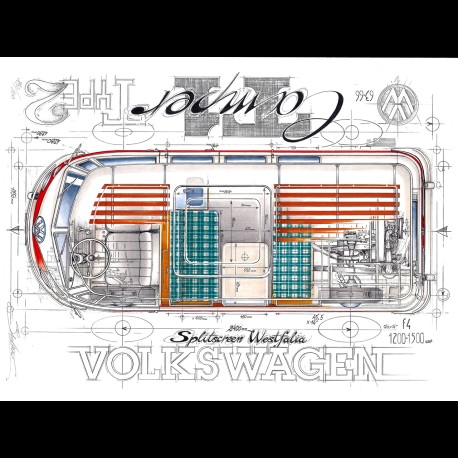 VW Camper T1 Type 2 Westfalia 63-66 original drawing by Sébastien Sauvadet